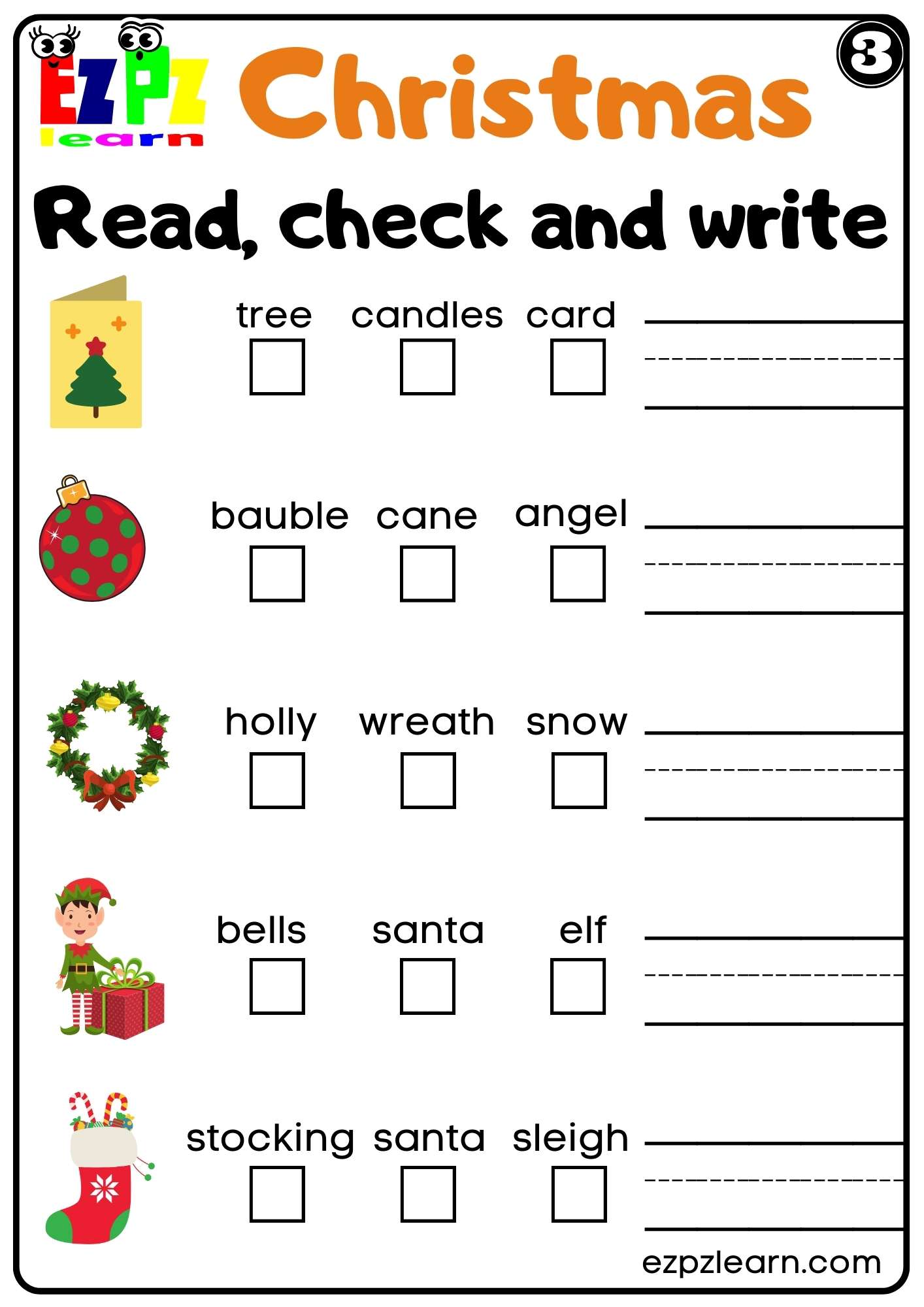 Christmas Holiday Read Check and Write Worksheet For K5 Kids and ESL Free PDF Download Set 3 ...